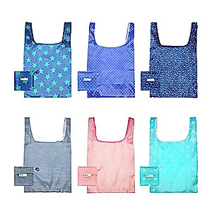 6 Pack of Reusable Grocery Bags with Ring Holder Foldable Machine-Washable Shopping Tote Sturdy Lightweight (Pattern)