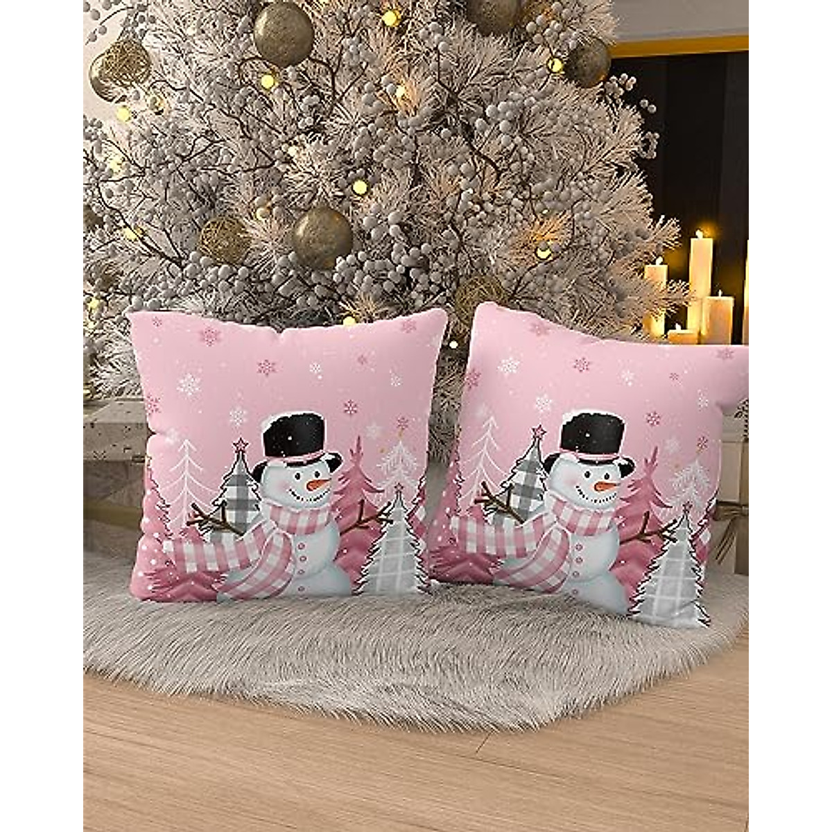 Fantasy Staring Snowman Throw Pillow Covers 18" x 18" Pink Christmas Snowflake Xmas Tree Winter Soft Short Plush Pillow Case for Couch/Sofa/Bedroom/Car
