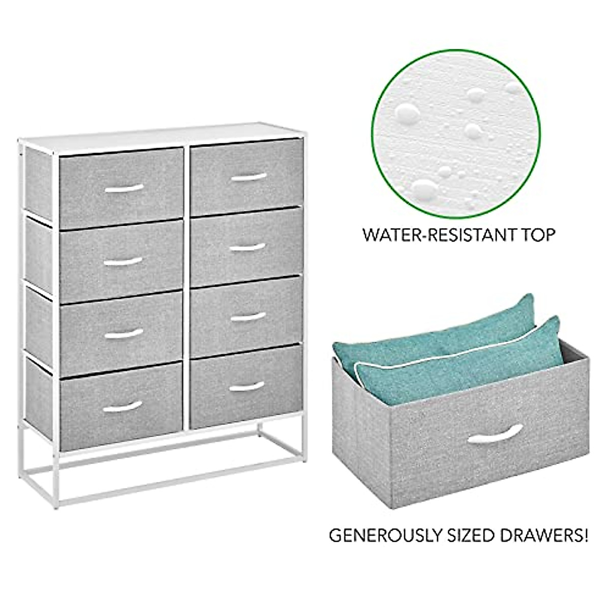 mDesign Wide Modern 8-Drawer Dresser Storage Unit, Sturdy Steel Frame, Wood Top, Easy-Pull Wood Handles/Fabric Bins, Organizer for Bedroom, Hallway, Entryway, Closet, Margo Collection, Gray