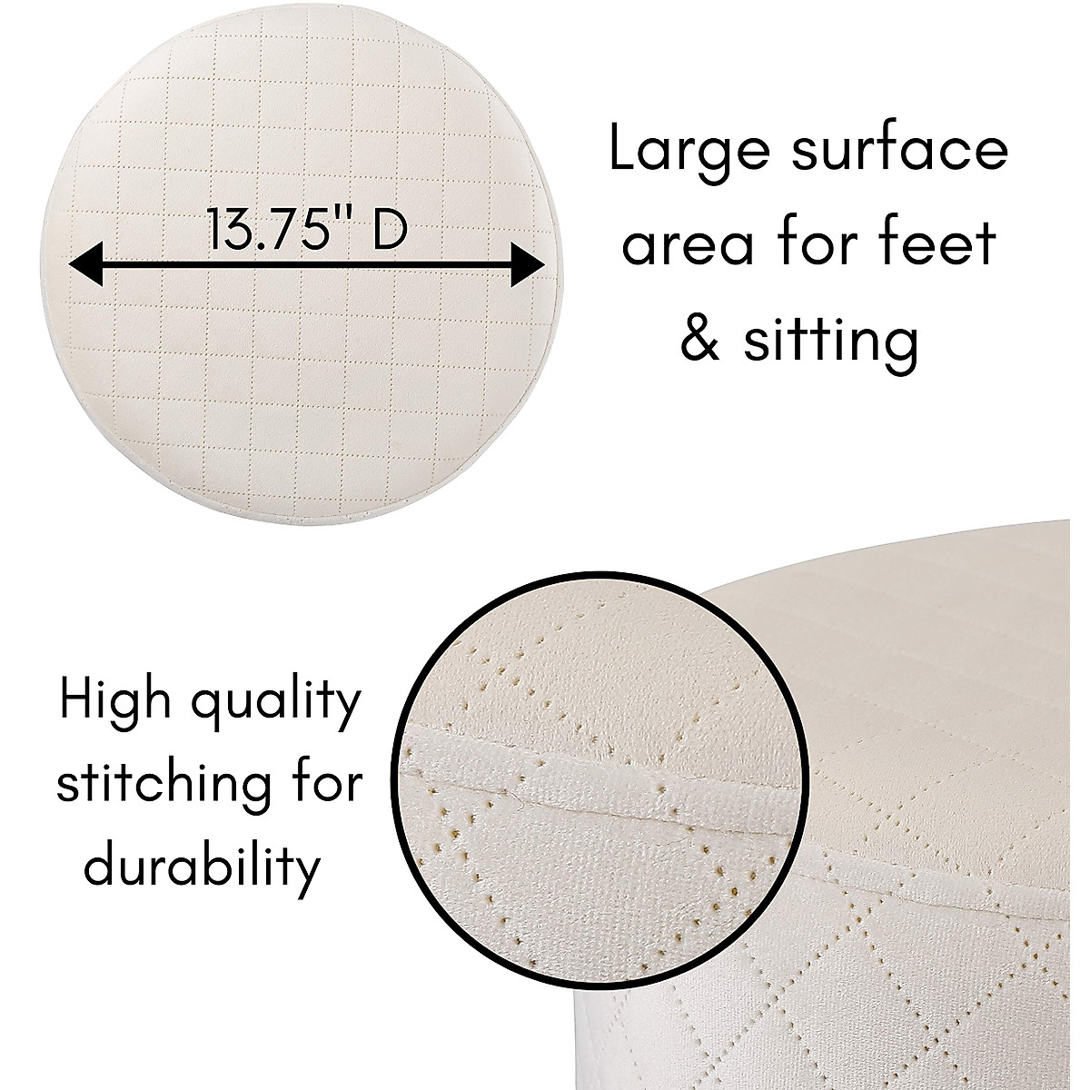 BIRDROCK HOME Round Cream Velvet Ottoman Foot Stool with Lattice Design – Soft Compact Padded Stool – Gold Trim - Great for The Living Room or Bedroom – Decorative Furniture – Foot Rest