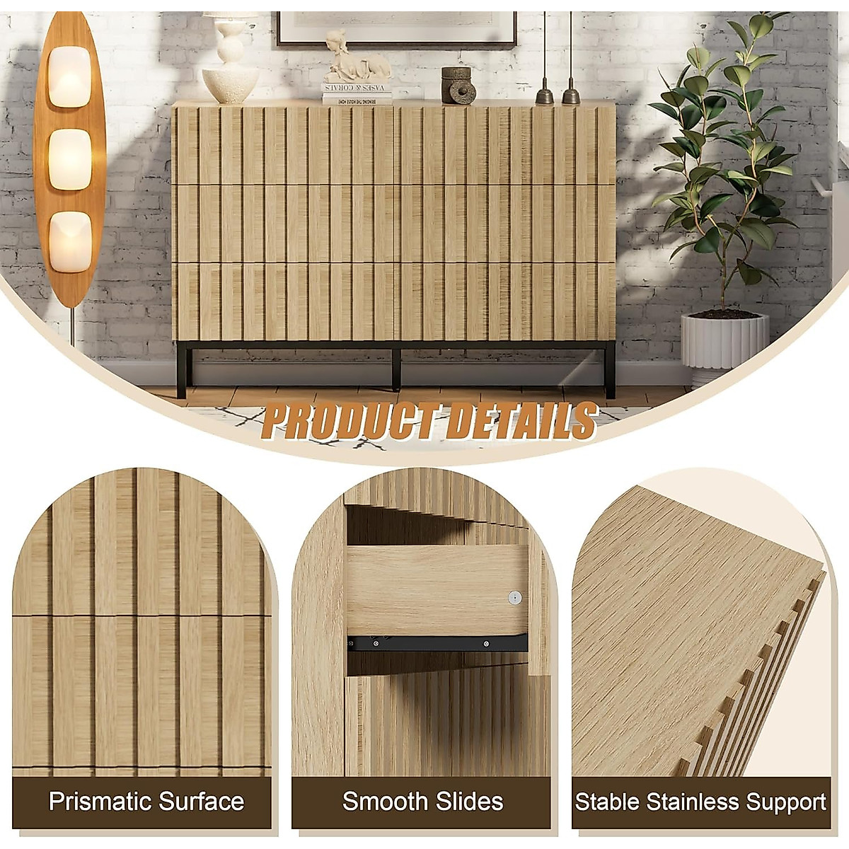 UEV Natural Wood Dresser for Bedroom,Mid Century Modern Dresser,Fluted 6 Drawer Dresser with Metal Stand,Accent Chest of Drawers for Bedroom,Living Room,Hallway