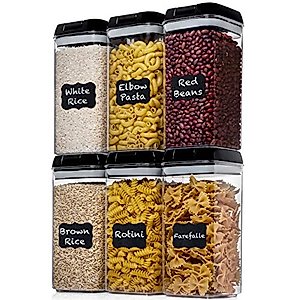 Shazo Airtight Food Storage Container (Set of 6) - BONUS Measuring Cup - Labels & Marker - Durable Plastic - BPA Free - Clear with Improved Lids (Black) - Air Tight Snacks Pantry & Kitchen Canisters
