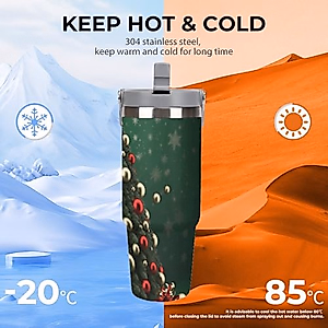BWQJKUO Large Capacity Car Cup 30 Oz Stainless Steel Round Ball Christmas Tree Printed Travel Mug Leak-proof Flip Straw Tumbler with Handle,keeps Cold Or Ho