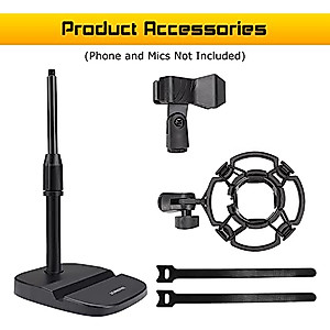 Desktop Microphone Stand, Podcast Microphone Stand, Table Gaming Mic Stand, Height Adjustable with Shock Mount, Mic Clip Phone Slot Weighted Base for Broadcast Studio Recording for AT2020 Shure Rode