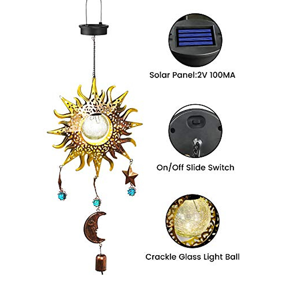 Hanging Solar Lights Wind Chimes: Sun Wind Chimes Outdoor for Mom's Day Gifts-Solar Wind Chimes Waterproof Globe Glass Path Lights with Windbells for Patio Lawn Porch Decoration and Festival Gifts