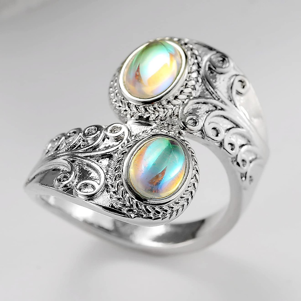 hsiyyecg Moonstone Ring Colorful Oval Retro Exaggerated Carved Punk Style Women's Boho Chic Art Deco Ring (US Size 9)