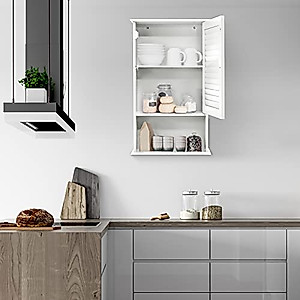 COSTWAY Bathroom Wall Cabinet, Large Capacity Storage Cupboard Cabinet w/Single Louver Door & Height Adjustable Shelf, Wood Wall Mounted Medicine Cabinet for Bathroom, Living Room, Kitchen (White)