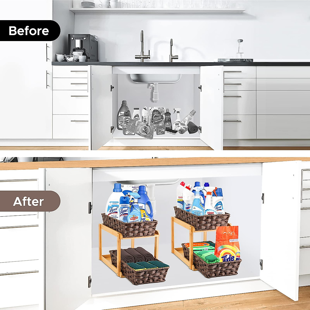 TCJJ 2-Tier Woven Baskets for Storage, Under Bathroom/Kitchen Sink Organizers and Storage, 2 Sliding Storage Baskets and Bamboo Tray for Bathroom Kitchen Pantry Medicine Cabinet Counter (Brown)