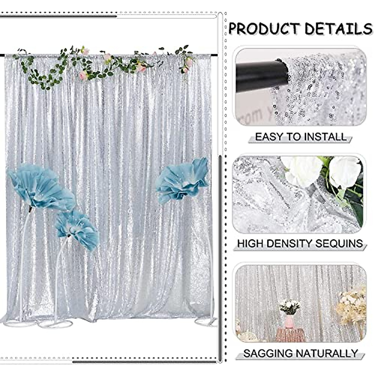 TCBESTO Silver Sequin Backdrop Curtains Glitter Drapes 2FTx8FT 4 Panels for Wedding Birthday Party Decorations Bridal Baby Shower Party Supplies Sparkly Photography Background