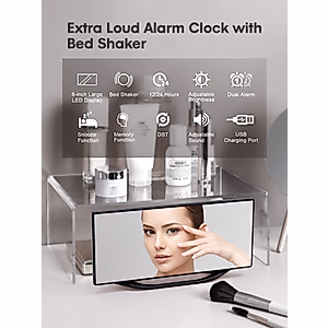 OnLyee Dual Extra Loud Alarm Clock for Heavy Sleepers, Vibrating Alarm Clock with Bed Shaker, 8.7" Large LED Mirror Display, USB Charger, Dimmer, Snooze & Battery Backup