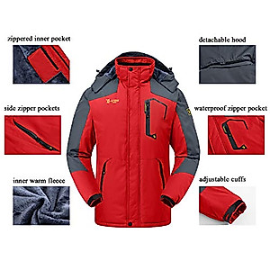 JINSHI Men's Snow Jacket Waterproof Ski Jackets Winter Hooded Mountain Fleece Jacket (Red,M)