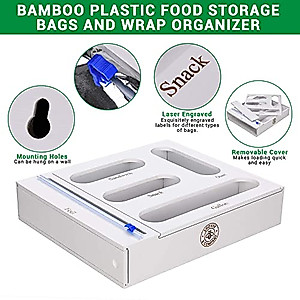 White Bamboo Plastic Bag & Food Wrap Organizer compatible with Ziploc Bags (Gallon, Quarter, Half-Gallon and Snack Sized), Saran Wrap, Tin Foil Organizer and Food Wrap Organizer