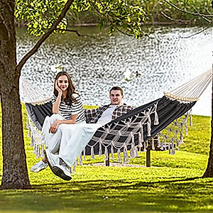 Leize Hammock Hanging Swing Double Boho Brazilian Macrame Fringe Max 500 lbs for Indoor Outdoor Patio Yard Garden