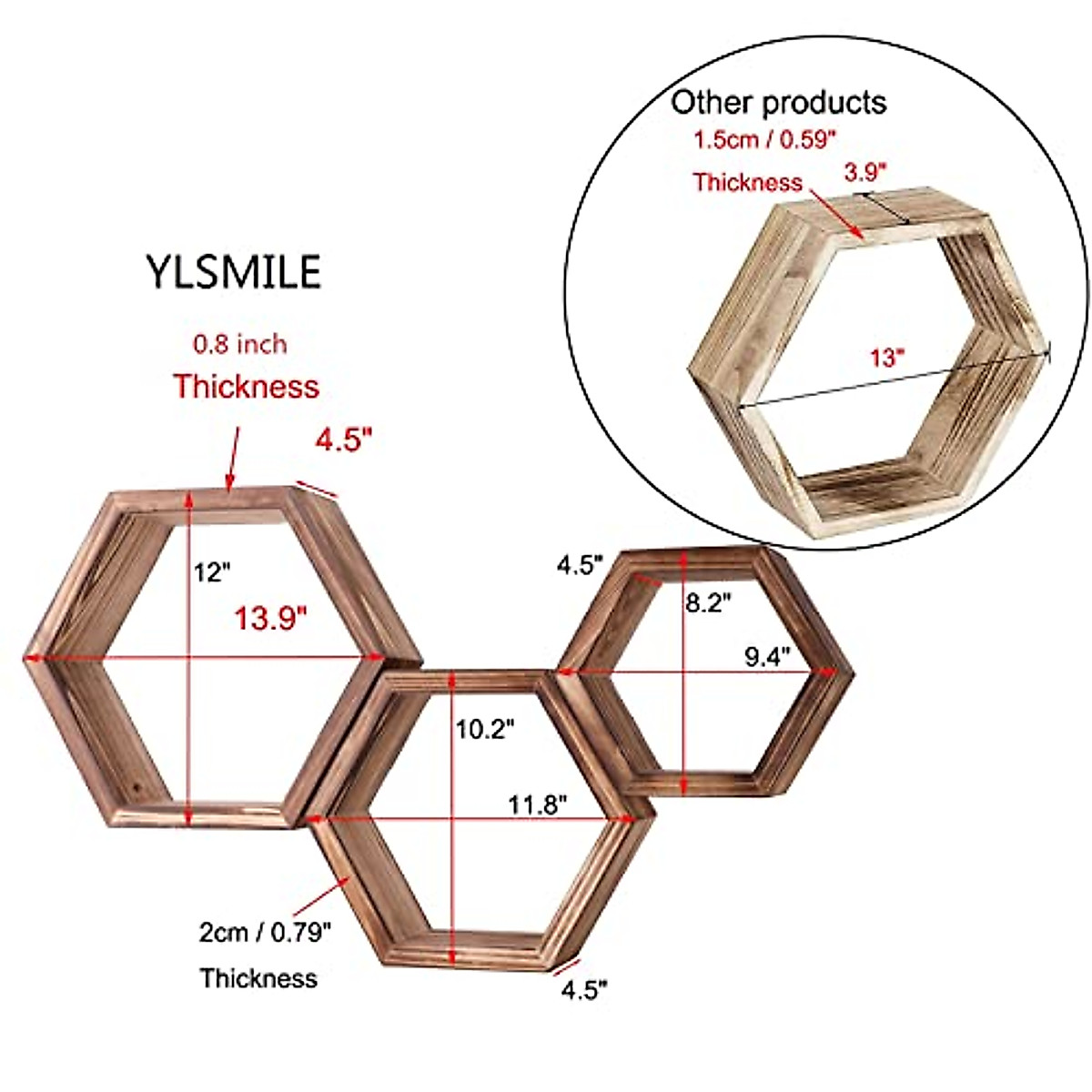 YLSMILE Hexagon Floating Shelves - Wall Mounted Set of 3 Floating Wall Shelves Wood Boho Shelves Wall Dceor Honeycomb Hexagon Wooden Shelves for Wall in Bathroom, Kitchen, Bedroom, Living Room