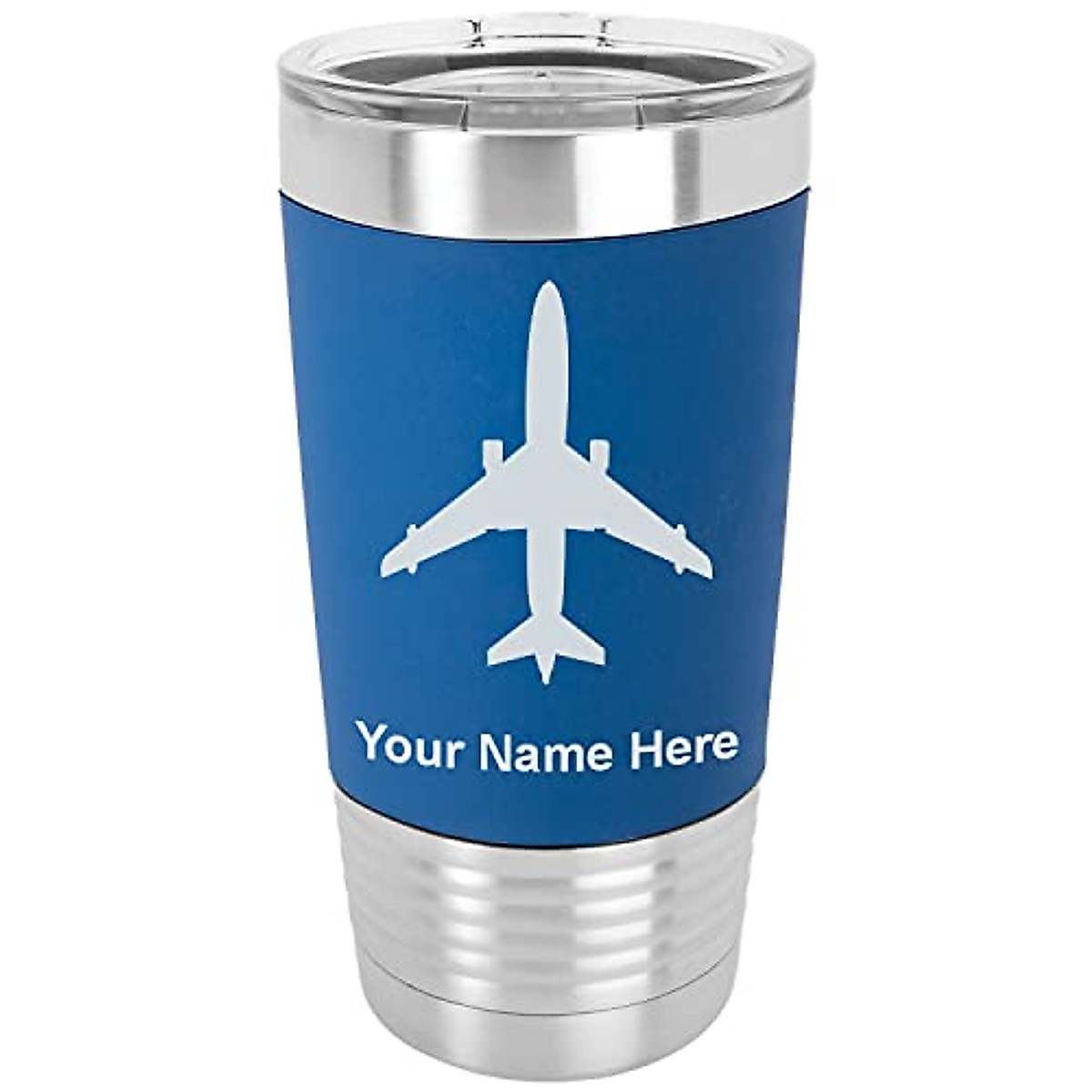 LaserGram 20oz Vacuum Insulated Tumbler Mug, Jet Airplane, Personalized Engraving Included (Silicone Grip, Dark Blue)