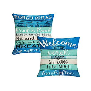 Jartinle Coastal Stripe Outdoor Pillows Covers 18x18 for Patio Furniture Waterproof, Welcome to Our Porch Throw Pillow Covers Square Linen for Couch Outside Bench Set of 2