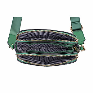 EVVE Triple Zip Small Crossbody Camera Bag with Wide Guitar Strap | Kelly Green