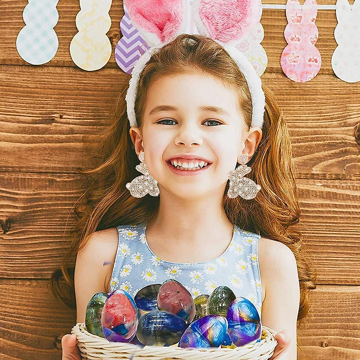 NVENF Zinc Beaded Easter Earrings for Women Easter Rabbit Bunny Dangle Earrings Sparkling Pearl Bead Drop Earrings Spring Holiday Jewelry Gifts (Silver)