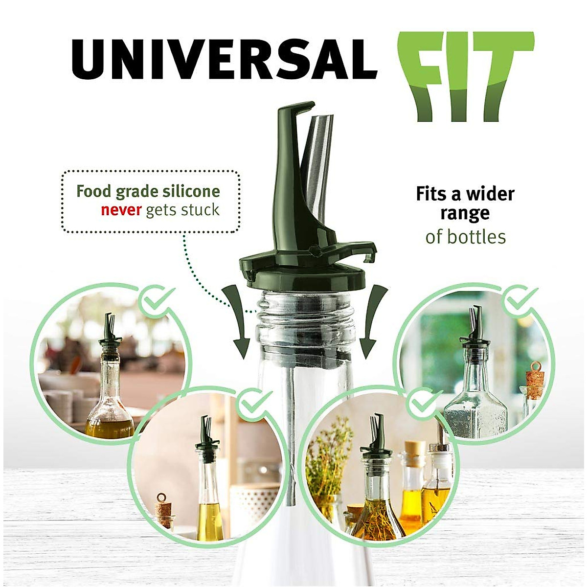Olive Oil Spout for Olive Oil Dispenser - UK Patented Oil Pourer - Mid Flow Shut Off for Accurate Measurement - One Handed Open & Close Cap Keeps Oil Fresh and Prevents Oxidization - Green 6 Pack