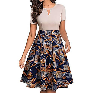 YATHON Women's Vintage Floral Flared A-Line Swing Casual Party Dresses with Pockets (M, YT018-Beige Firework)