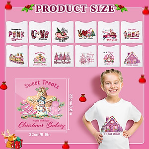 Fumete 12 Sheets Christmas Iron on Transfers for T Shirts Pink Iron on Decals Elk Snowman Tree Pattern Applique Stickers Christmas Heat Transfer Paper Stickers for DIY Xmas Clothing