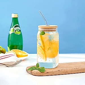 Newsphere Drinking Glasses with Bamboo Lids and Glass Straw 4pcs 16oz Beer Cup Glass Set, Cocktail Glasses, Iced Tea Glasses, Iced Coffee Glasses, Soda Glass Tumbler, Blue