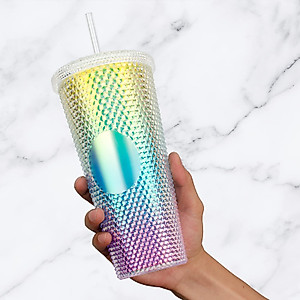 Luxfuel 24oz DIY Studded Tumbler with Lid and Straw,Reusable Plastic Acrylic Cup,Double Walled Iridescent Travel Tumbler for Iced Coffee,Cold Water,Smoothie,Wide Mouth,Spill Proof,100% BPA Free -2Pack