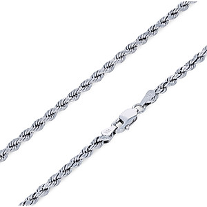 Nuragold 10k White Gold 3mm Rope Chain Diamond Cut Pendant Necklace, Mens Womens Jewelry 16" 18" 20" 22" 24" 26" 28" 30"