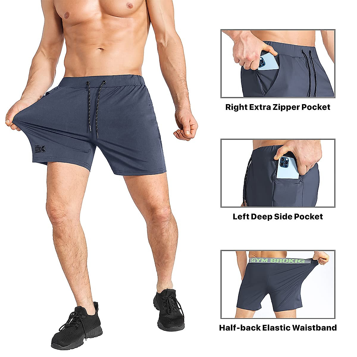 BROKIG Men's Lightweight Gym Shorts,Bodybuilding Quick Dry Running Athletic Workout Shorts for Men with Pockets(Dark Grey, Large)