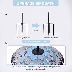 MUMTOP Glass Bird Baths, Garden Outdoor Birdbaths Birdfeeder with Metal Stake for Outside Yard Lawn, Blue