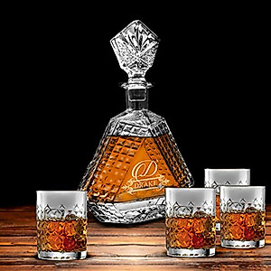 Custom Engraved and Personalized Scotch Whiskey Bourbon Glass 23 oz Triangle Decanter and 4 Glasses Set