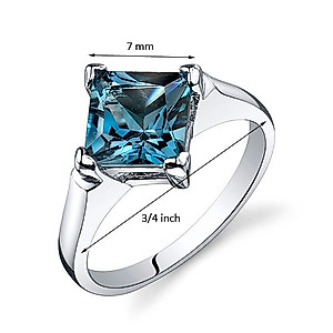 PEORA London Blue Topaz Engagement Ring for Women 925 Sterling Silver, Natural Gemstone, 2 Carats Princess Cut 7mm, Comfort Fit, Size 6