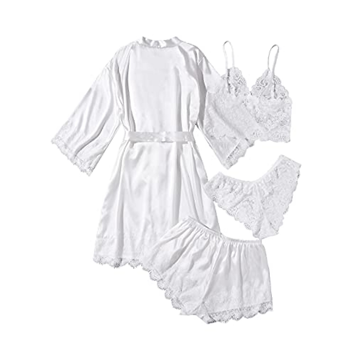 WDIRARA Women' Silk Satin Pajamas Set 4pcs Lingerie Floral Lace Cami Sleepwear with Robe Snow White M