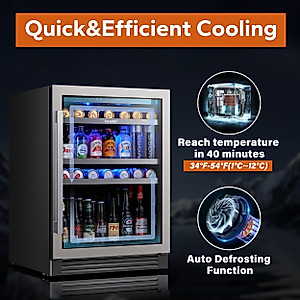 Ca'Lefort 24 Inch Beverage Refrigerator, 180 Can 34°F -54°F Beverage Fridge, Drink Fridge with Glass Door 3 LED Drink Fridge Built in or Freestanding, Perfect for Home/Kitchen(5.65 cu.ft)