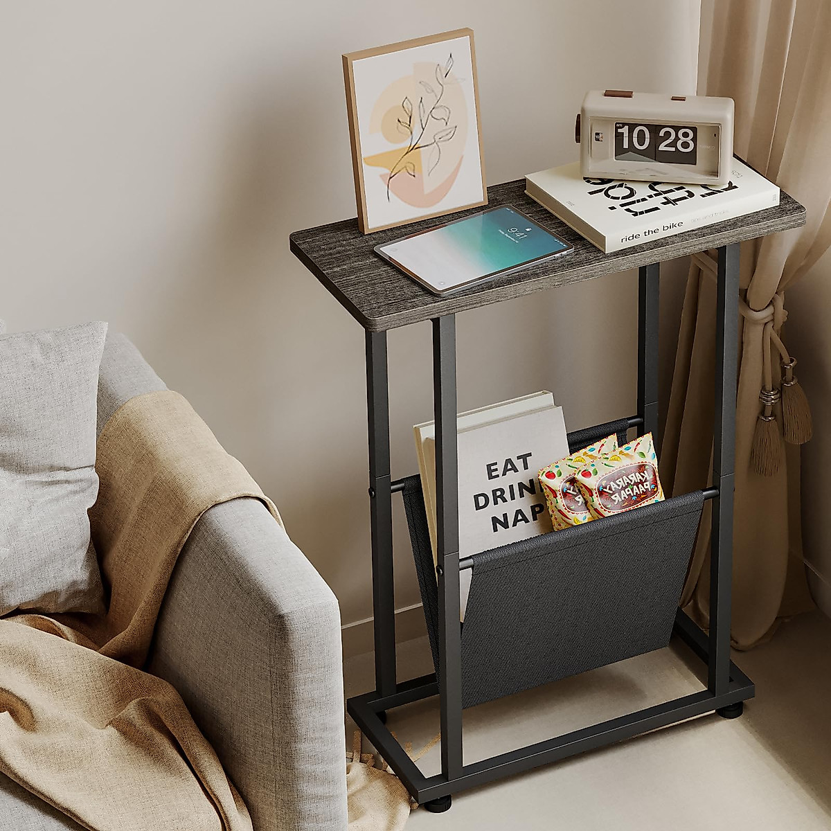 Fixwal Small Narrow Side Table, Slim Nightstand with Storage Shelf, Magazine Table for Small Spaces, End Table for Living Room, Bedroom, Hallway (Grey)