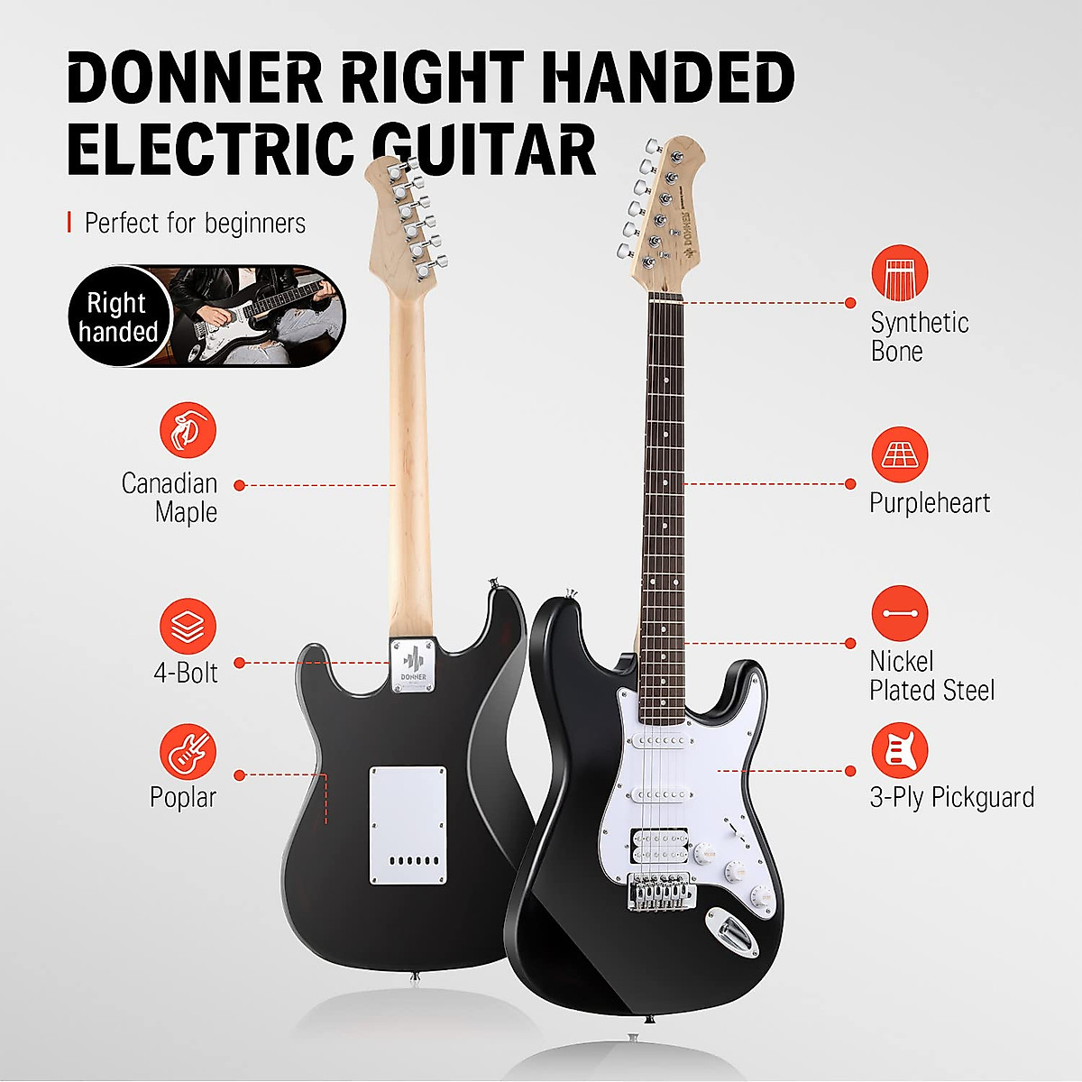 Donner DST-100B 39 Inch Electric Guitar Beginner Kit + Guitar Cable 10 ft Black White