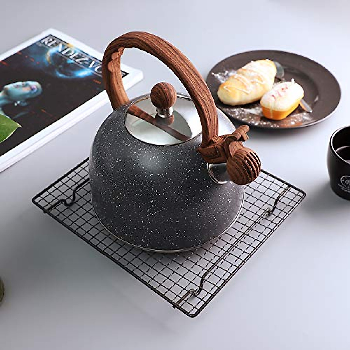 Tea Kettle, 2.3 Quart / 2.5 Liter BELANKO Stainless Steel Tea Kettles, Food Grade Stovetops Tea pot with Wood Pattern Handle Loud Whistling for Tea, Coffee, Milk etc, Gas Electric Applicable - Gray