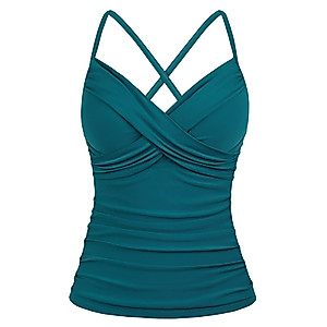 Firpearl Women Underwire Bathing Suit Top Wrap Twist V Neck Swimsuits Ruched Slimming Tankini Top Enamel Blue US16