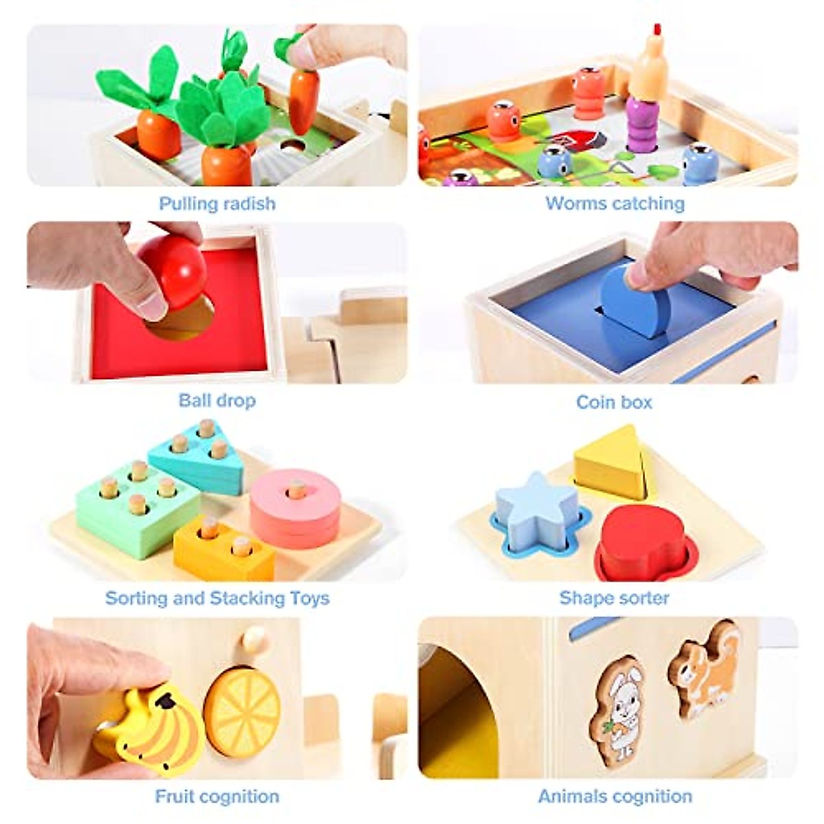 Asweets 8 in 1 Montessori Toys for 1 Year Old Includes Object Permanence Box，Montessori Coin Box，Carrot Harvest Game，Matchstick Color Drop Game，Ball Drop Learning Toys for 6-12 Months