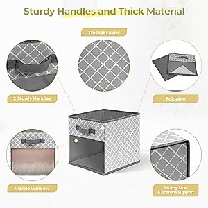 11x11 Large Storage Bins with Clear Window, Set of 6 Storage Cubes, Collapsible Cube Storage Bins, Fabric Closet Organizers with Handles for Home, Office, Closet Shelf Cabinet, Bookcase, Lattice