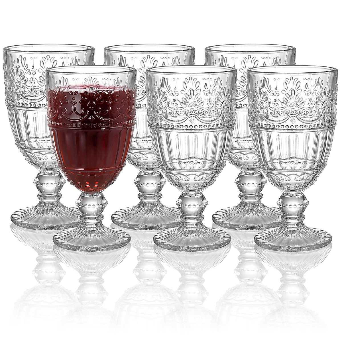 AVLA 6 Pack Glass Goblet, 12 OZ Vintage Wine Glassware, Romantic Wedding Glass Set, Drinking Stemware Beverage Cups for Party, Bar, Champagne, Juice, Beer, Cocktail, Embossed Design