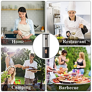 Electric Salt and Pepper Grinder, Automatic Pepper Mill with LED Light, Adjustable Coarseness, Battery Powered, One Hand Operated Refillable for Kitchen Resturant BBQ, Stainless Steel Black