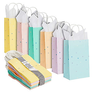 BLUE PANDA 36 Pack Small Polka Dot Rainbow Gift Bags with Handles and White Tissue Paper for Birthdays, 6 Pastel Colors (9 x 6 x 3 In)