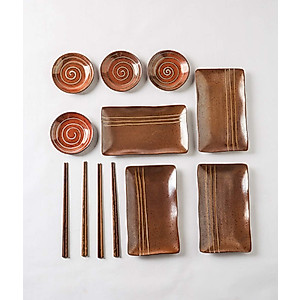 Pangu 12-Piece Japanese Style Sushi Plate Set, Dinnerware Set, Kage(Shadow), Brown, Service for 4