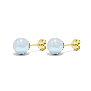 14K Yellow Gold AAAA 7-8mm Natural Blue Round Japanese Akoya Cultured Pearl Solitaire Pushback Stud Earrings Natural Blue Color