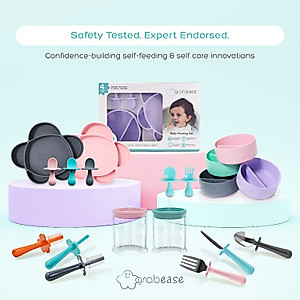 Grabease Silicone Baby Feeding Set - Essential Baby Feeding Supplies for Portion Control and Baby-Led Weaning - Suction Bottoms 4 Piece Set, BPA and Phthalates-Free, Teal