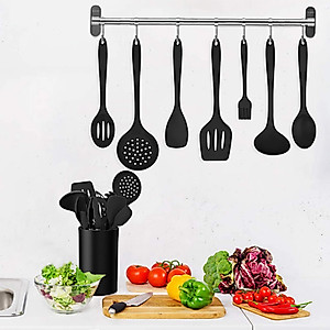 LIANYU 12-Piece Black Silicone Kitchen Cooking Utensils Set with Holder, Kitchen Tools Include Slotted Spatula Spoon Turner Ladle Tong Whisk, Dishwasher Safe