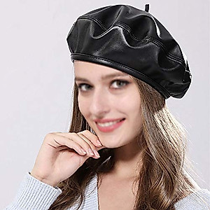 LABANCA Women Solid Faux Leather Beret French Artist Beanie Hat Cap