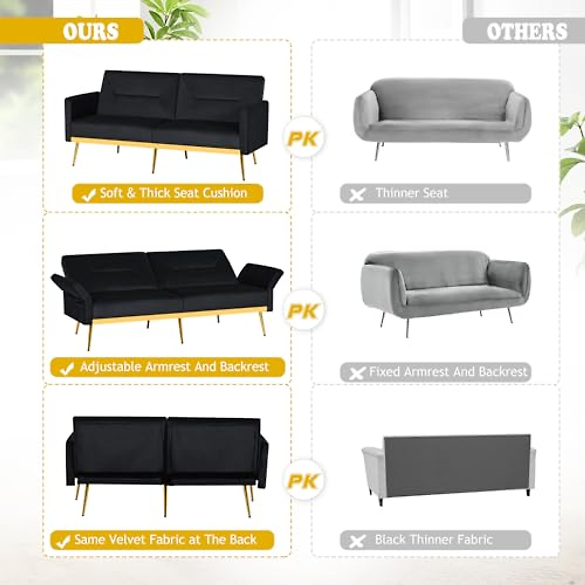 Lesofair Velvet Sofa Bed with Adjustable Backrest, Tufted Futon with Adjustable Armrests, Convertible Sleeper Couch w/Golden Legs for Living Room, Bedroom, Waiting Room, Black