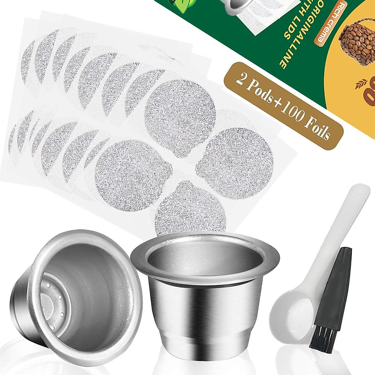 CAPMESSO Reusable Capsules for Nespresso OriginalLine, Refillable Coffee Pods Stainless Steel Cups Compatible with Nespresso OriginalLine Brewer(2 Pods+100 Lids)